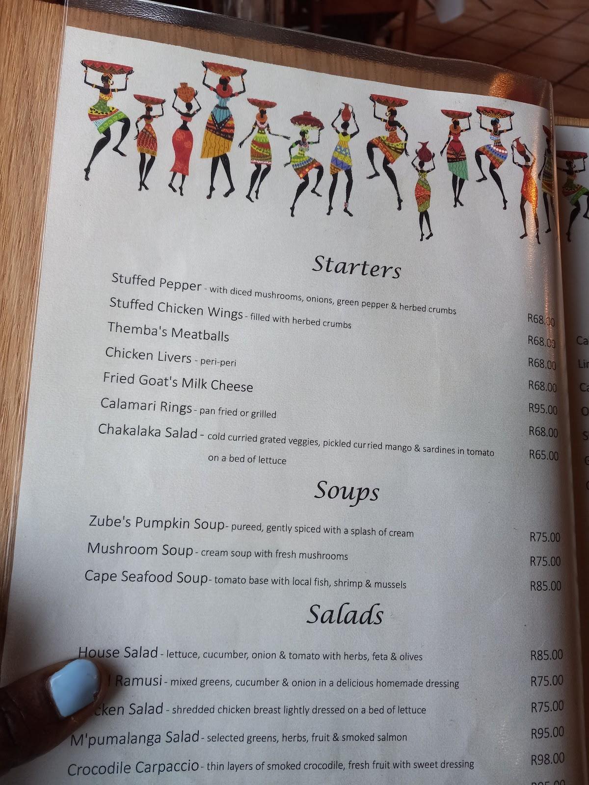 Menu at Marco's African Place restaurant, Cape Town