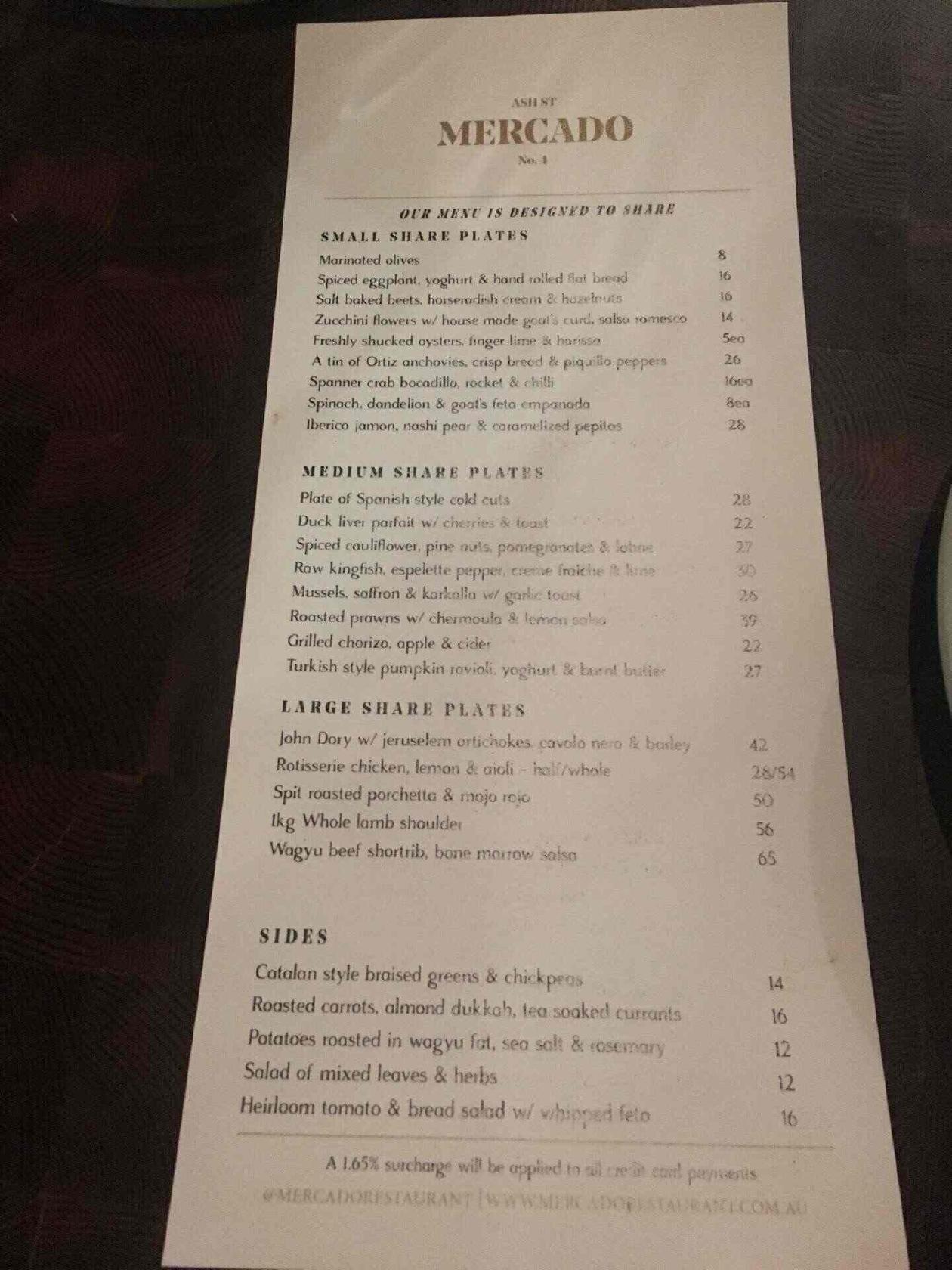 Menu at Mercado restaurant, Sydney