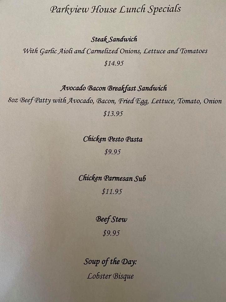 Menu at Parkview House Restaurant & Tavern, Wallkill