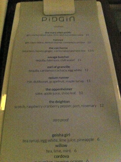 Menu at PiDGiN Restaurant, Vancouver