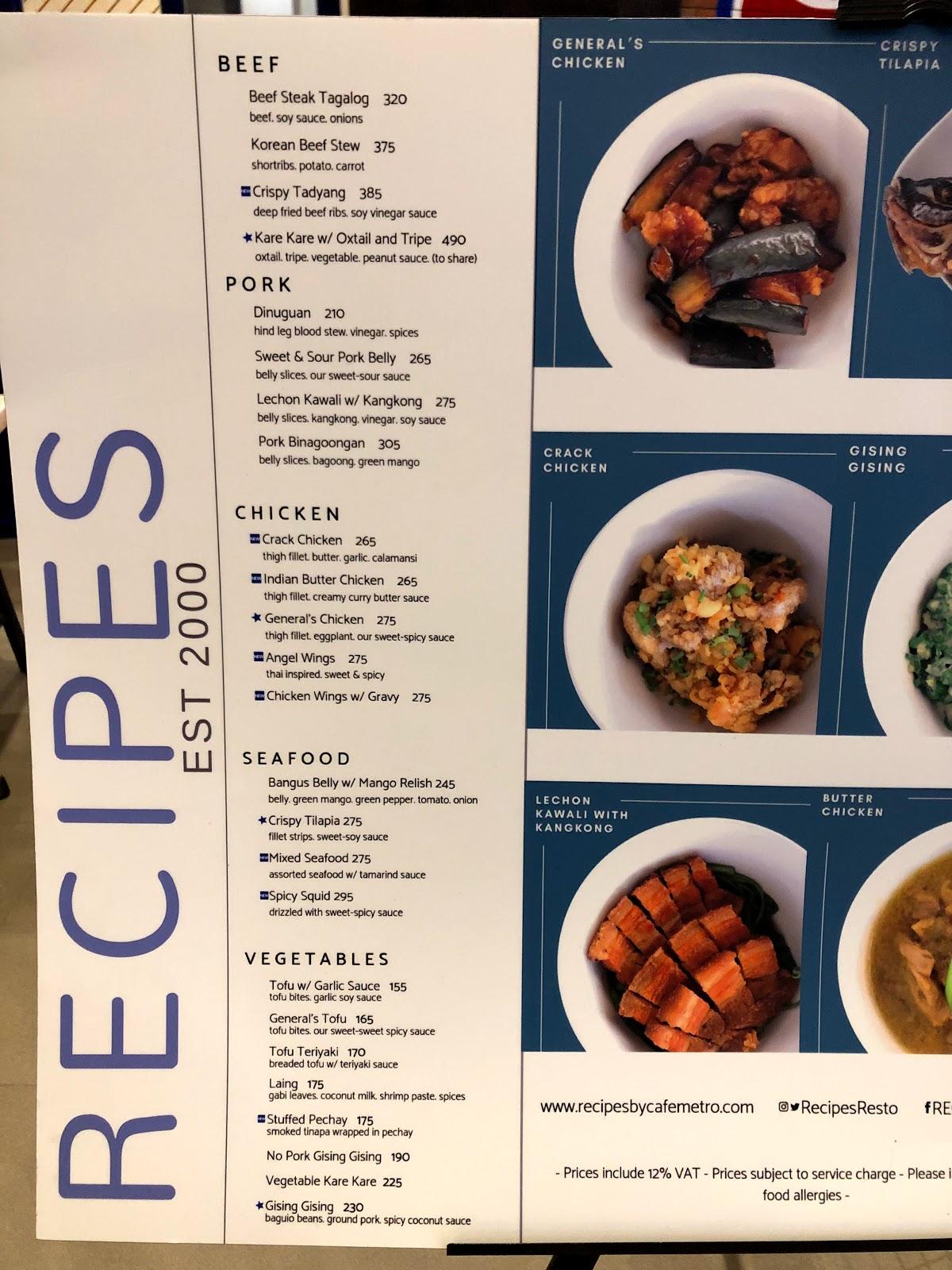 Menu at Recipes by Café Metro restaurant, Makati, H267+PF2