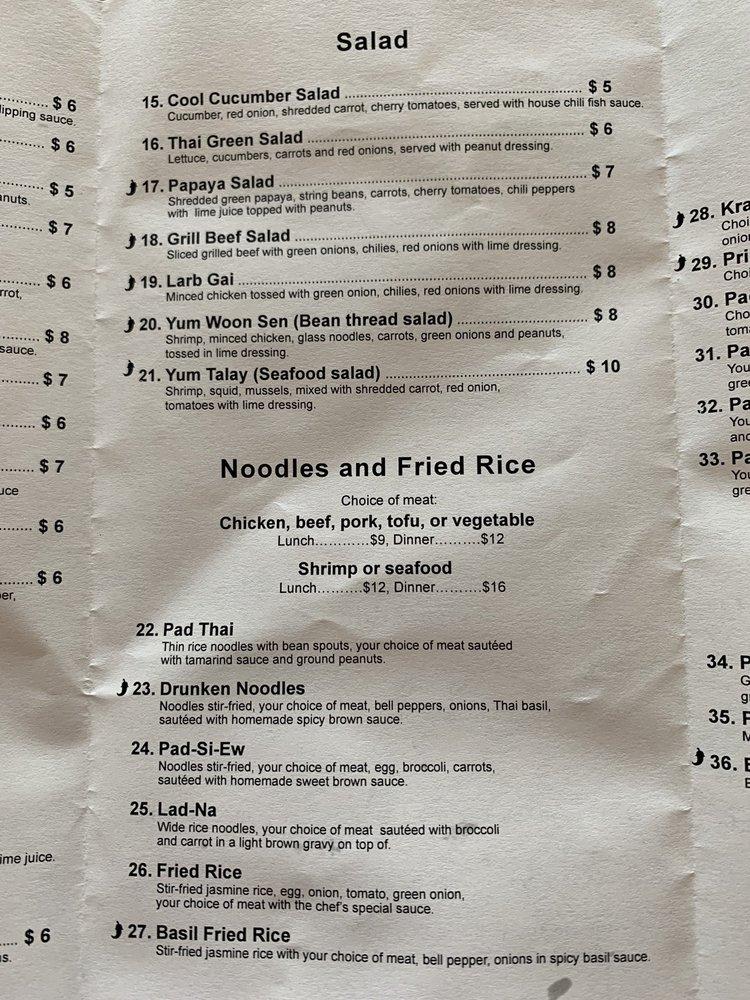 Menu at Thai Lotus restaurant, Winchester