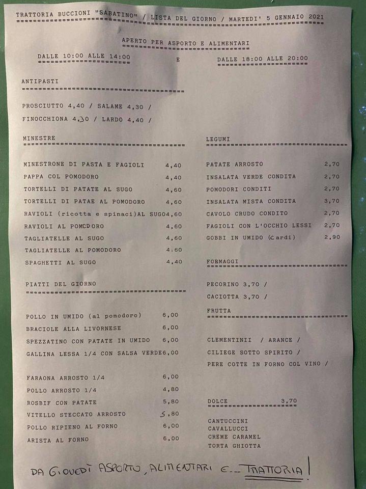 Menu at Trattoria Sabatino restaurant, Florence