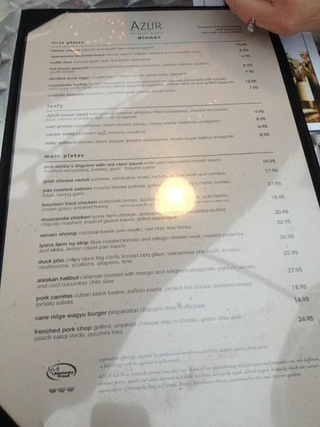 Menu at Azur Restaurant and Patio, Lexington