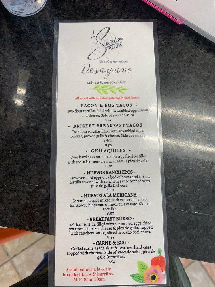 Menu at El sazón Tex mex restaurant, Rhome