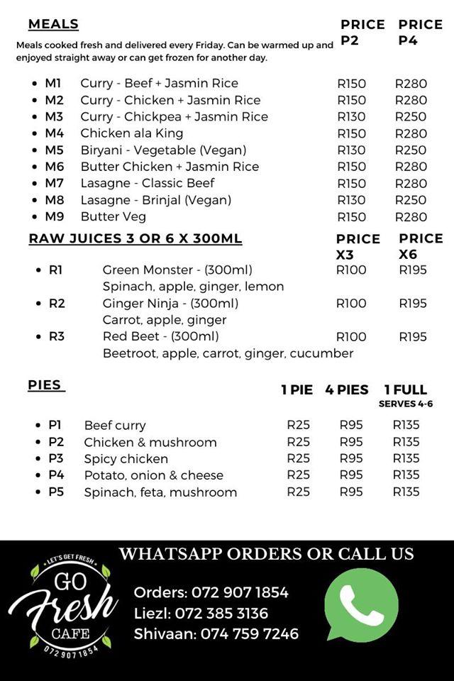 Menu at Gofresh Café and Juice Bar, Outer West Durban