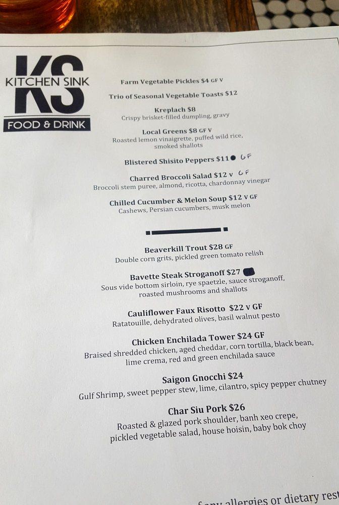 Menu at Kitchen Sink Supper Club, Beacon