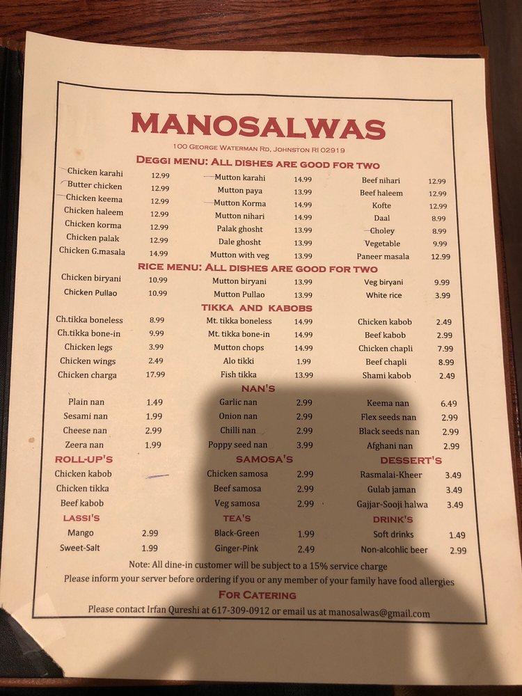 Menu at Man-O-Salwa restaurant, Johnston