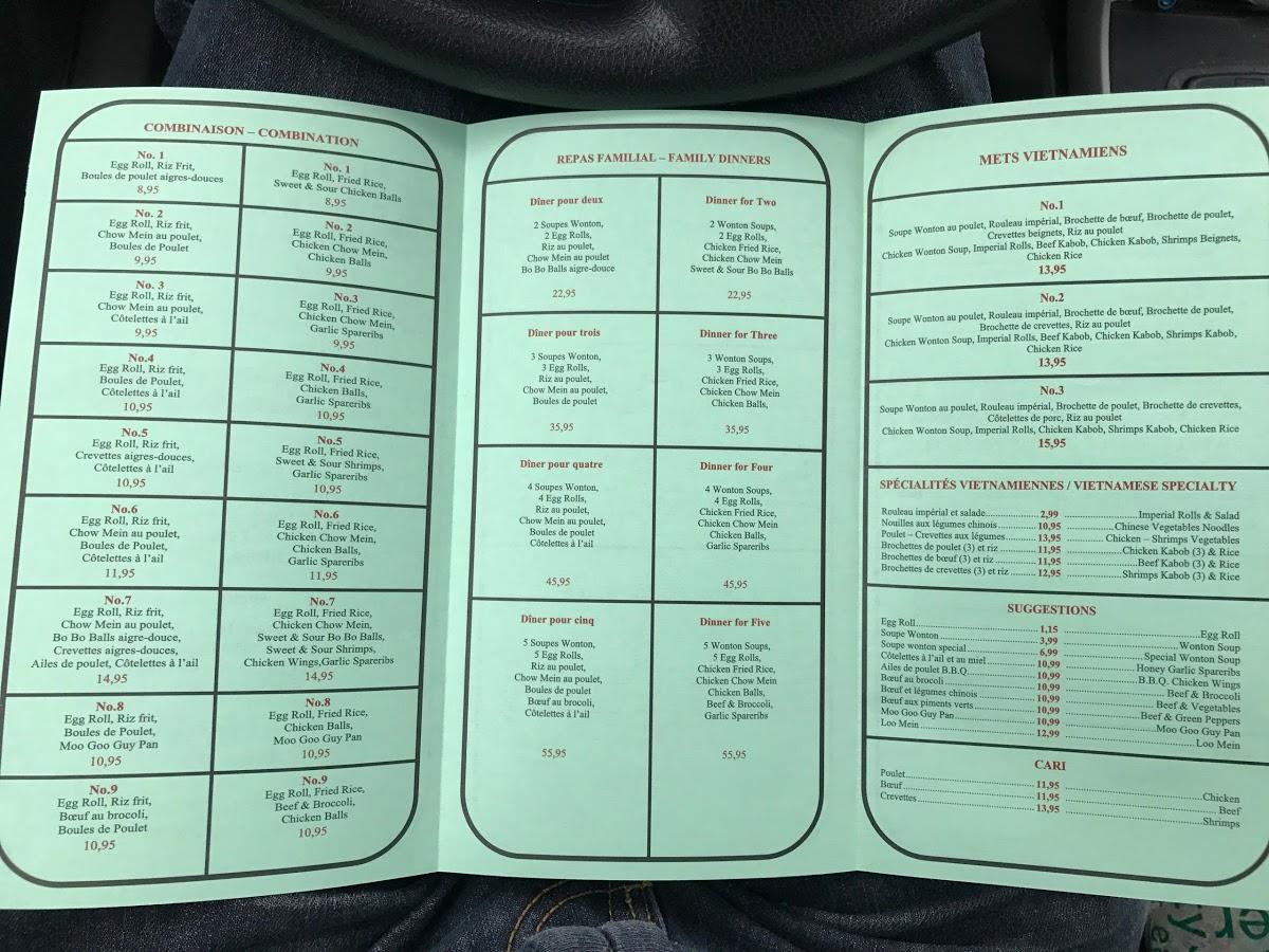 Menu au Me Linh Restaurant, Shippagan
