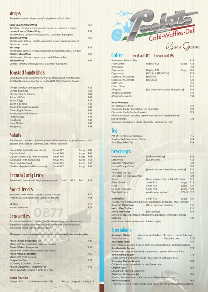 Menu at Paoletto cafe, Edenvale