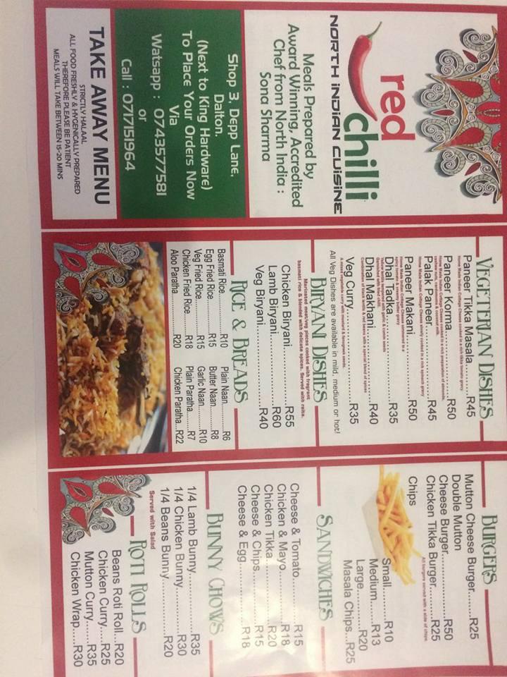 Carta del restaurante Red Chilli, Dalton