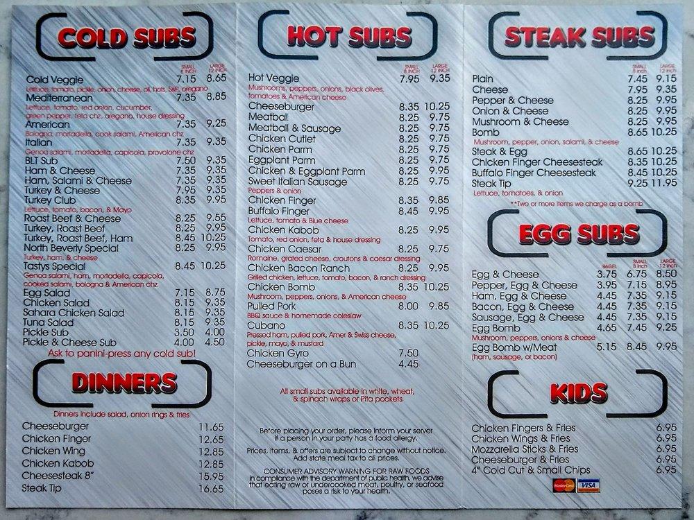Menu at Tasty Subs restaurant, Beverly, 496 Cabot St