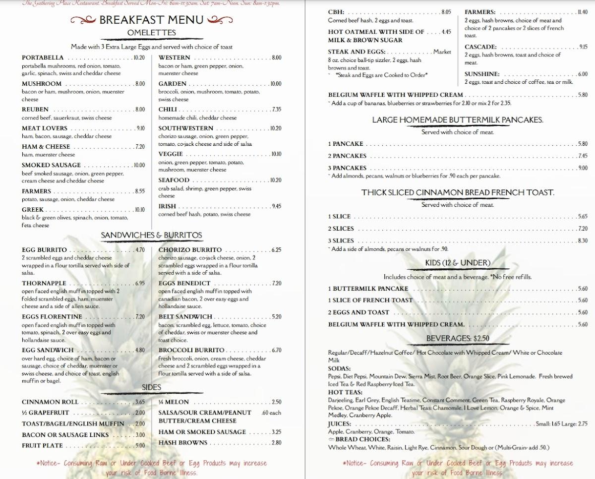 Menu at The Gathering Place Restaurant, Forest Hills, Cascade Rd SE
