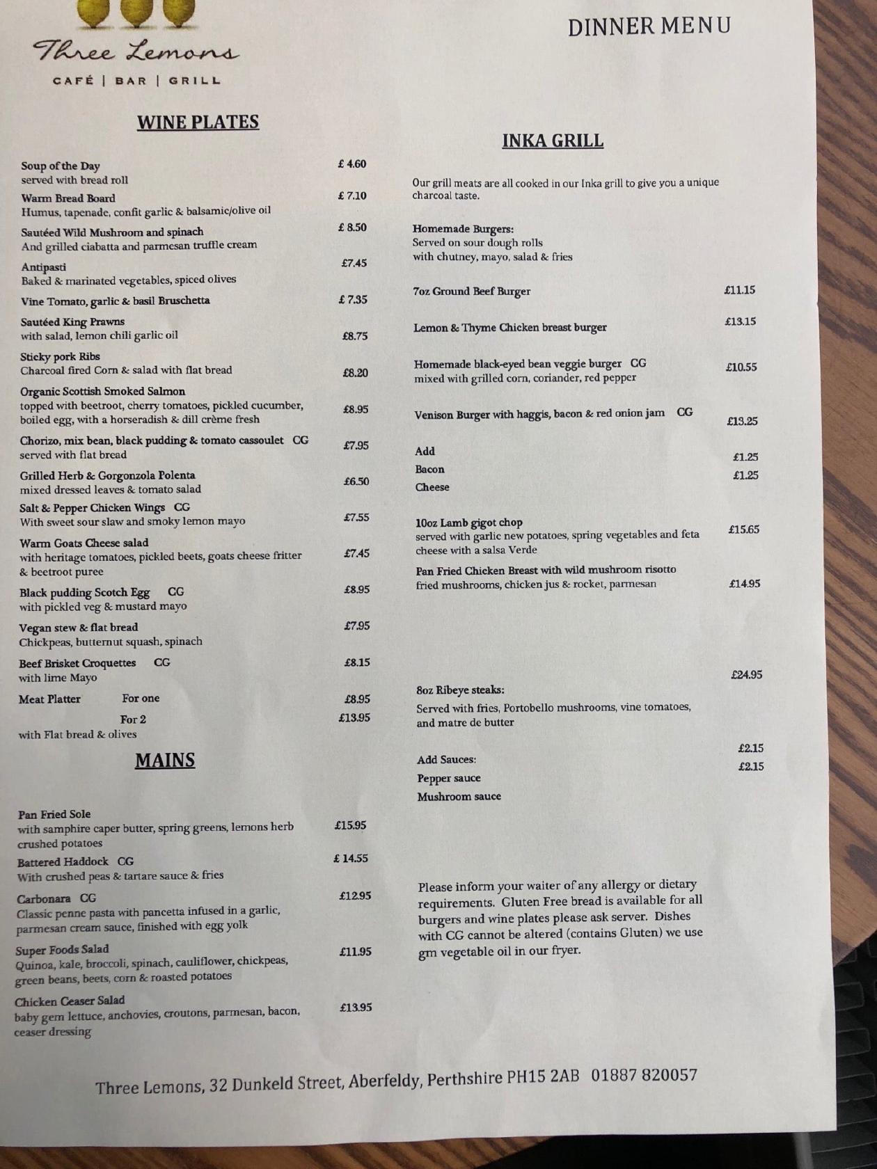 Menu at Three Lemons pub & bar, Aberfeldy