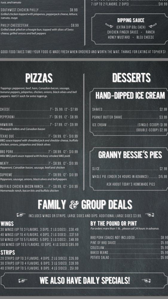 Menu at Topher's Wings BBQ, Rainsville