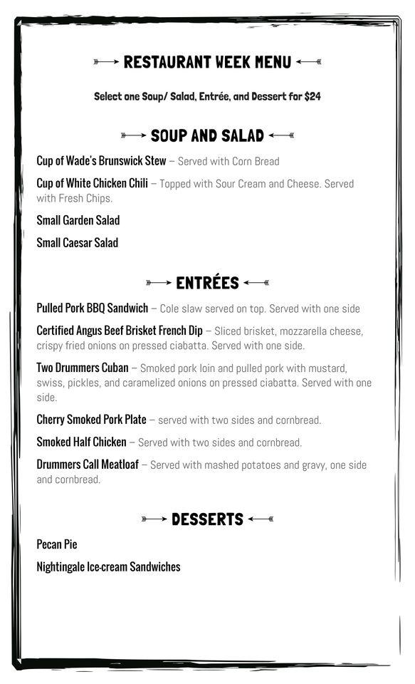Menu at Two Drummers Smokehouse BBQ, Toano