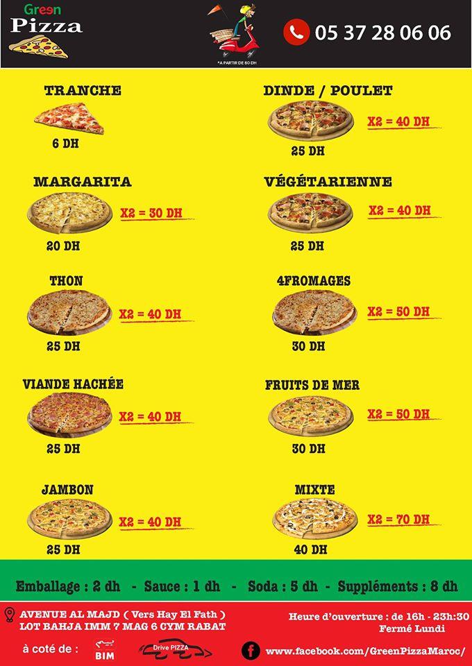 Menu at Green Pizza pizzeria, Rabat, Avenue al majd residence al bahja ...