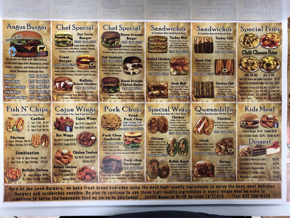 Carta del restaurante Joy Love Burger, Houston, Memorial Dr suite b
