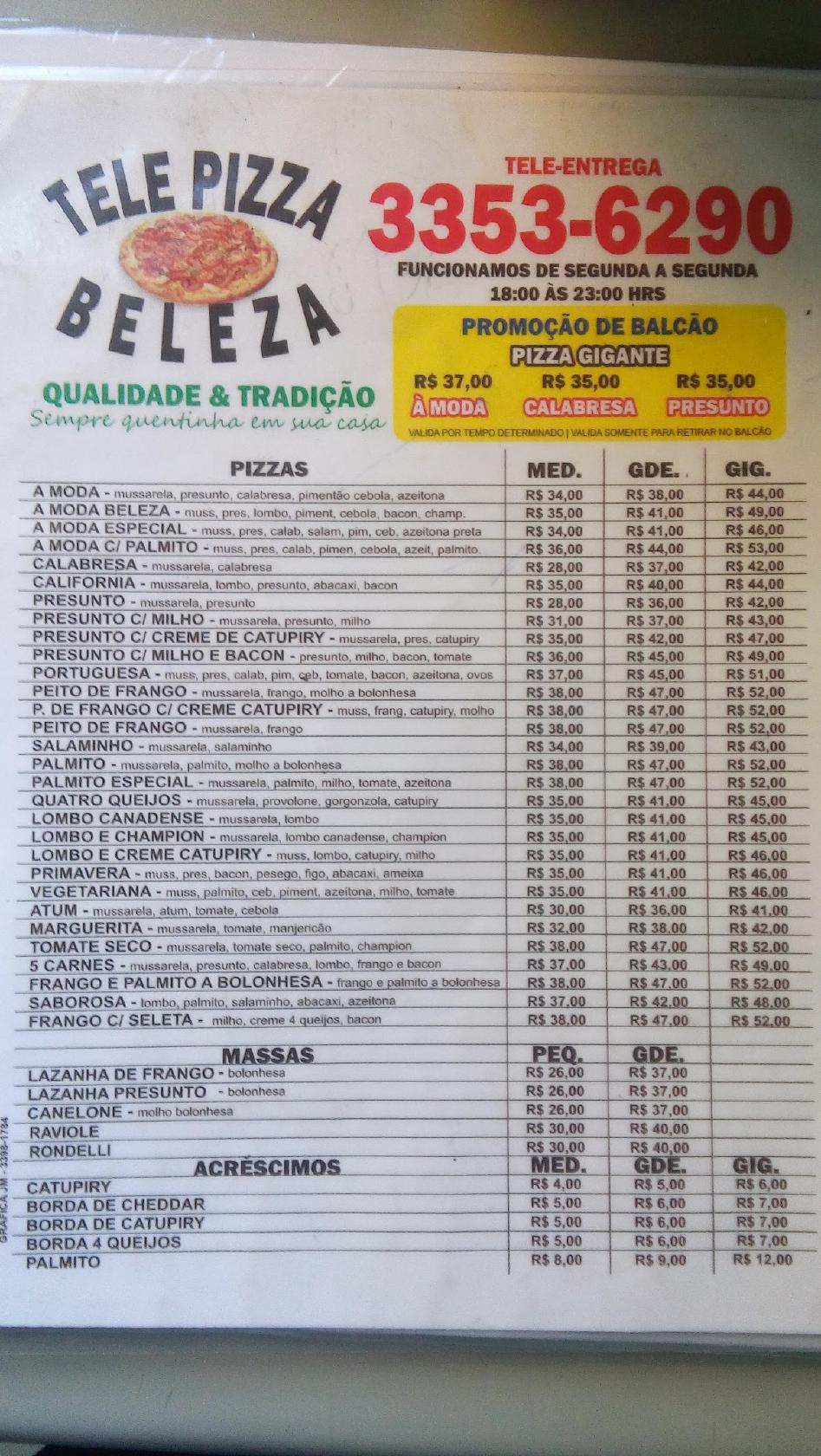 Menu em Tele Pizza Beleza pizzaria, Contagem
