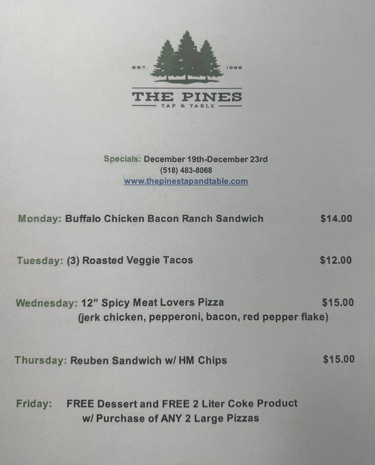 Menu at The Pines Tap and Table pub & bar, Malone