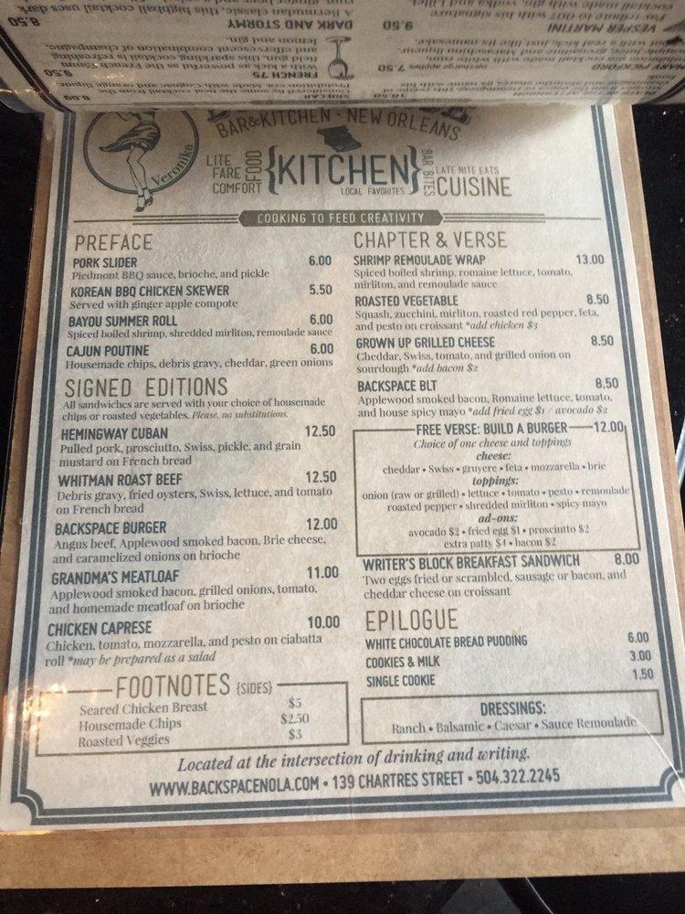 Menu at Backspace Bar & Kitchen, New Orleans