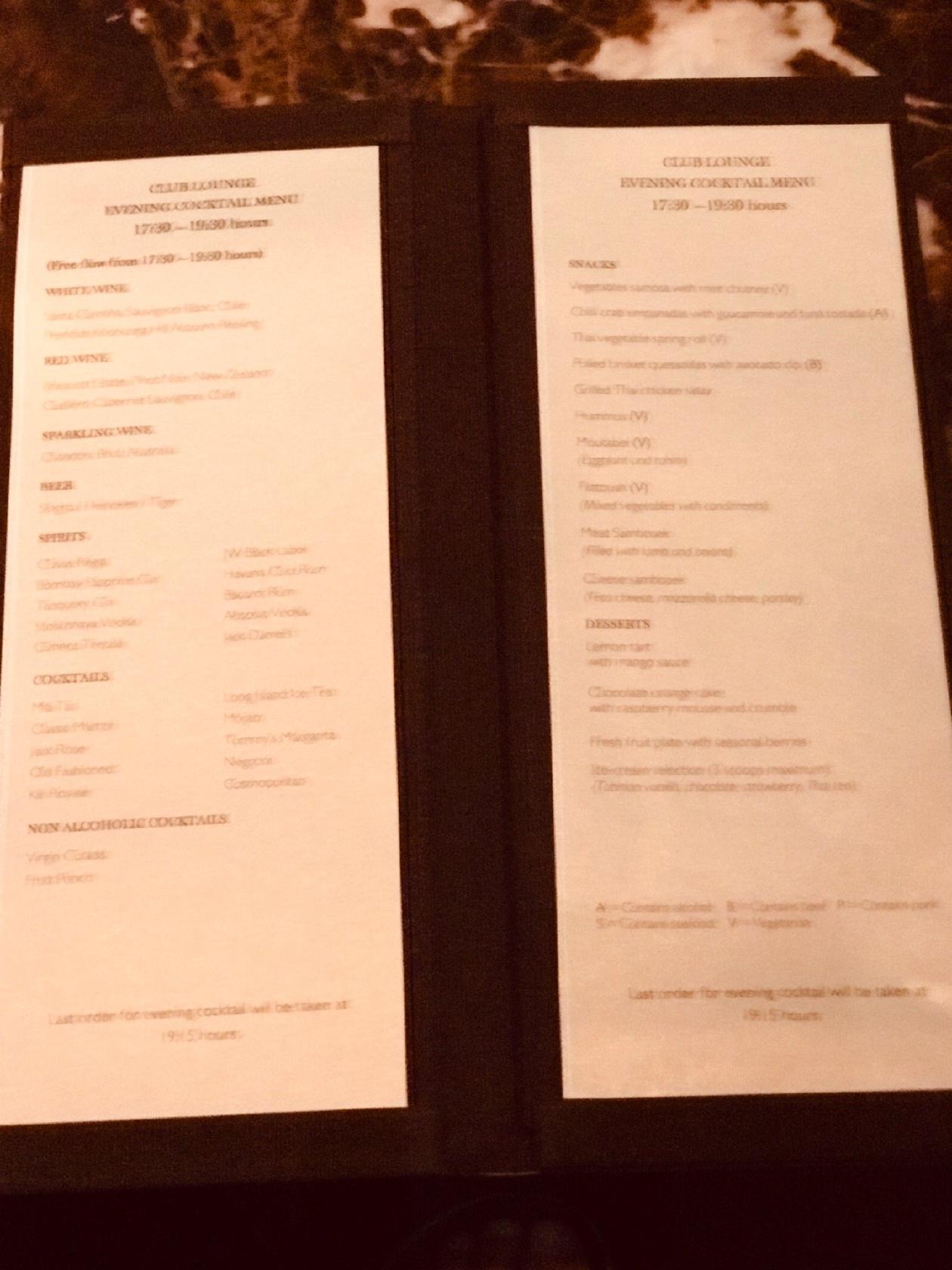 Menu at Balcony Lounge pub & bar, Bangkok