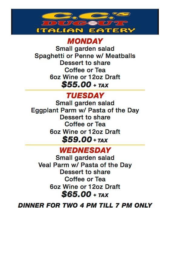Menu at CC's Dugout Italian Eatery restaurant, Welland