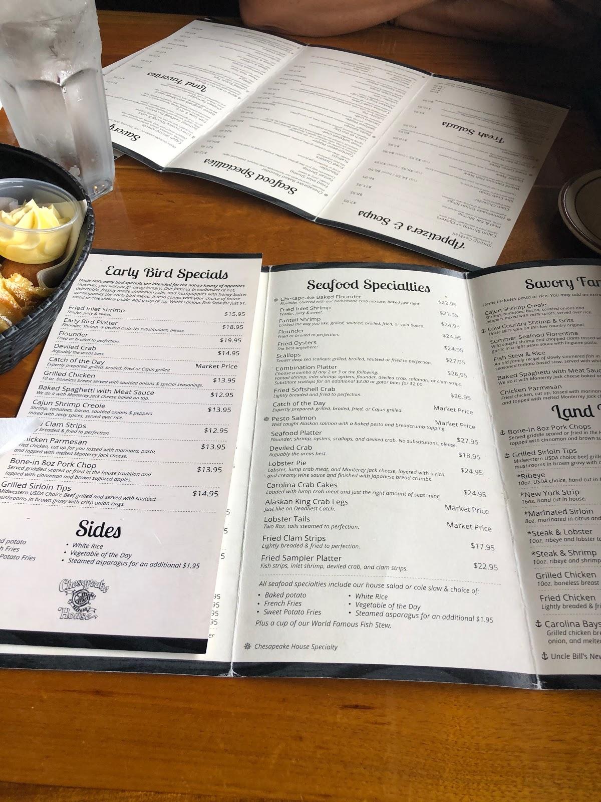 Menu at Chesapeake House restaurant, Myrtle Beach, 9918 Hwy 17