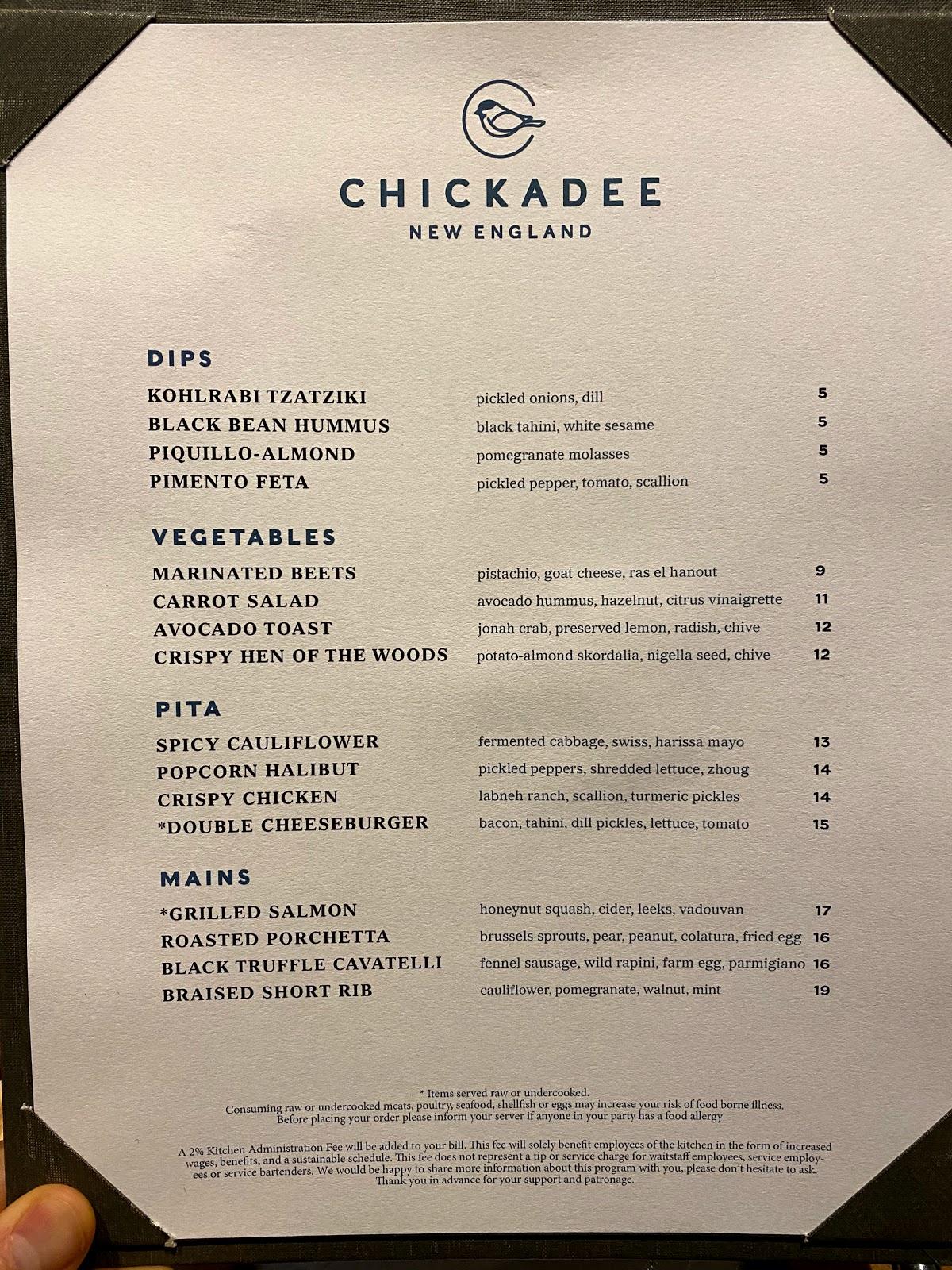 Menu at Chickadee pub & bar, Boston, 21 Drydock Ave