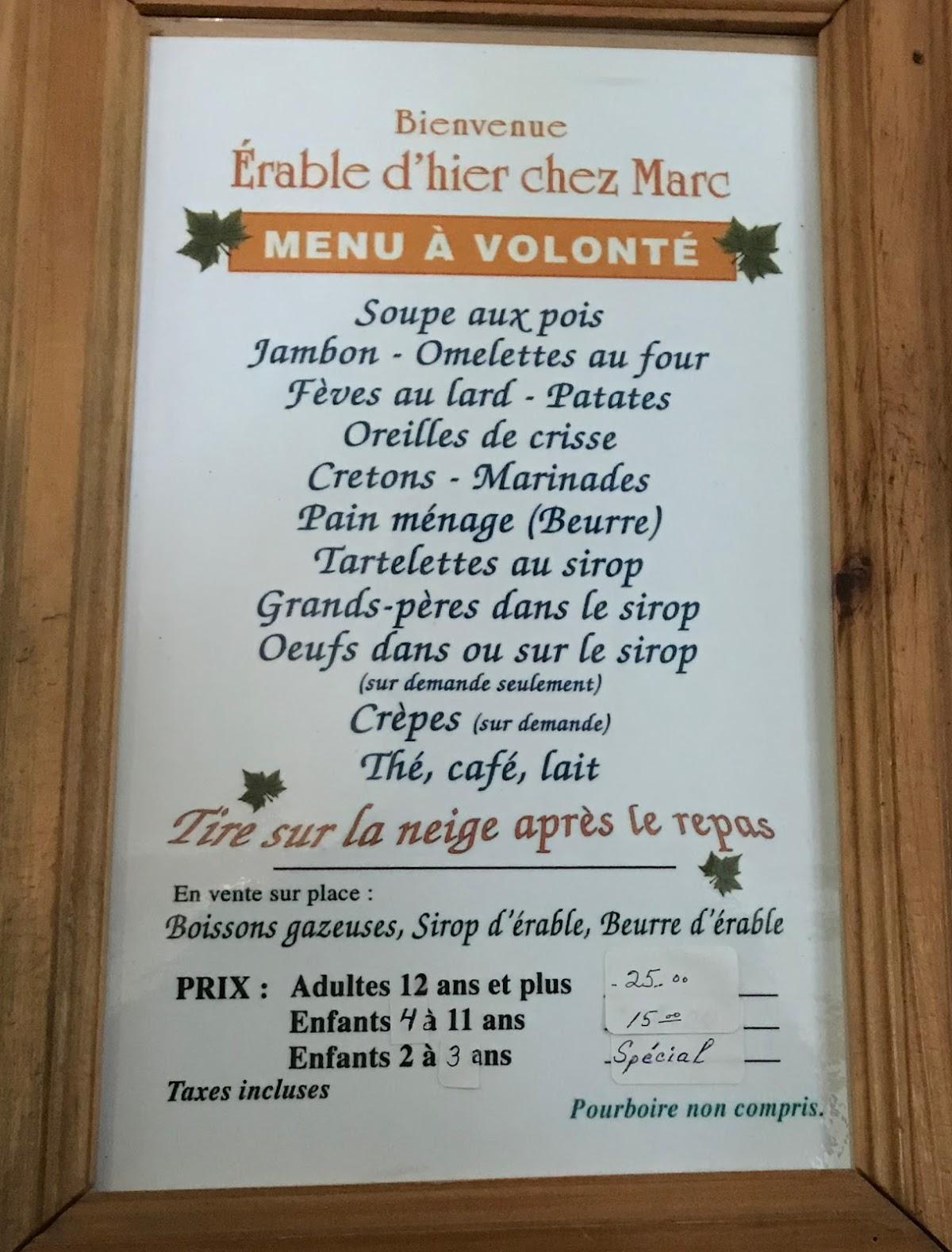 Menu at Érable d'hier chez Marc restaurant, Canada