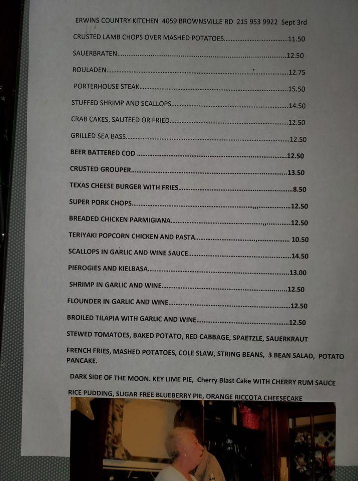 Menu at Erwin's Country Kitchen restaurant, Feasterville-Trevose