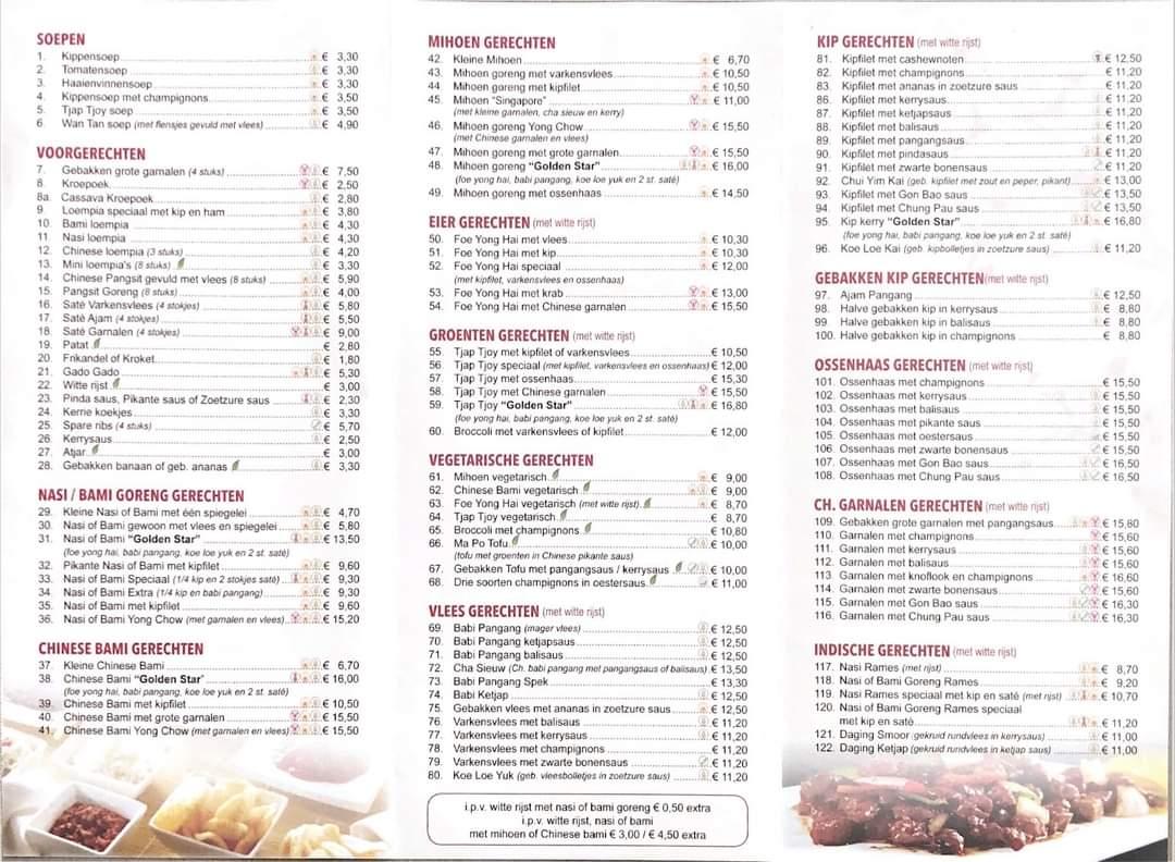 Menu at Golden Star, Dordrecht