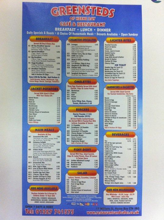 Menu at Greensteds Restaurant, Herne Bay