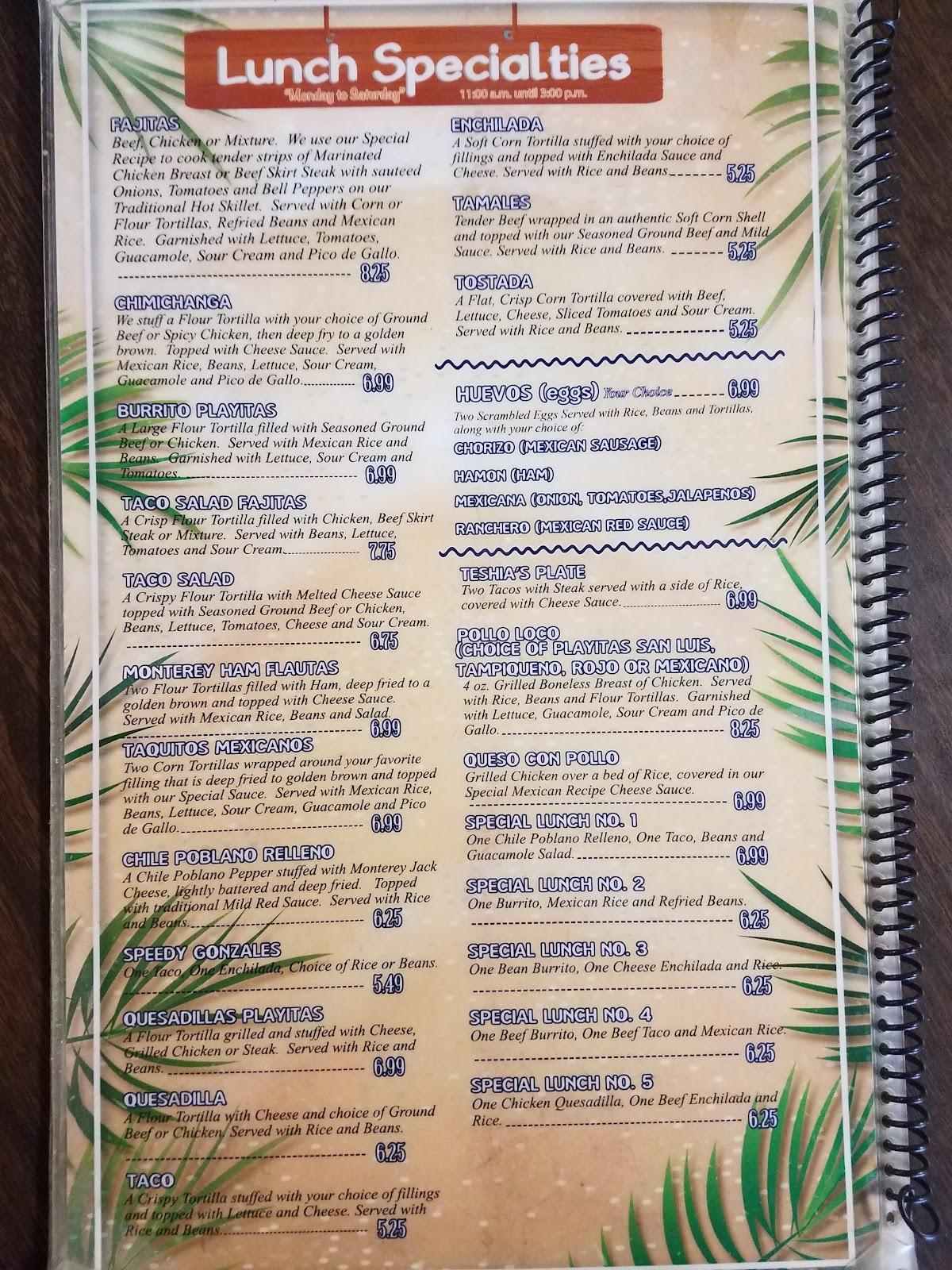 Menu at Las Playitas Rosebud restaurant, Rose Bud