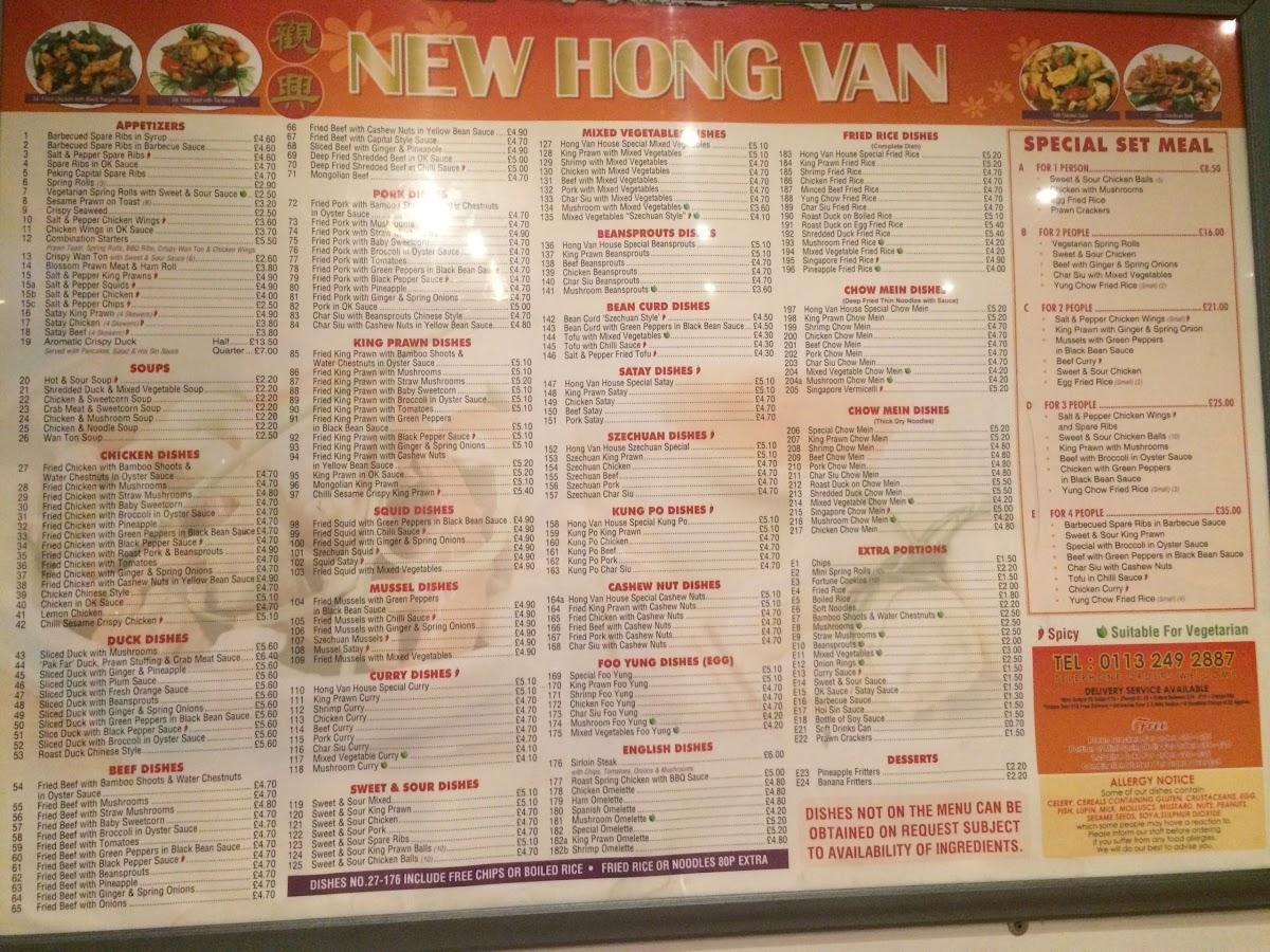Menu at New Hong Van fast food, Leeds