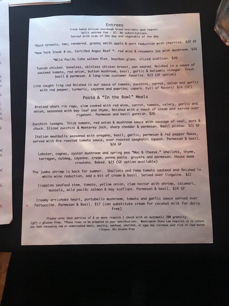 Carta de Over The Moon Cafe, Tacoma