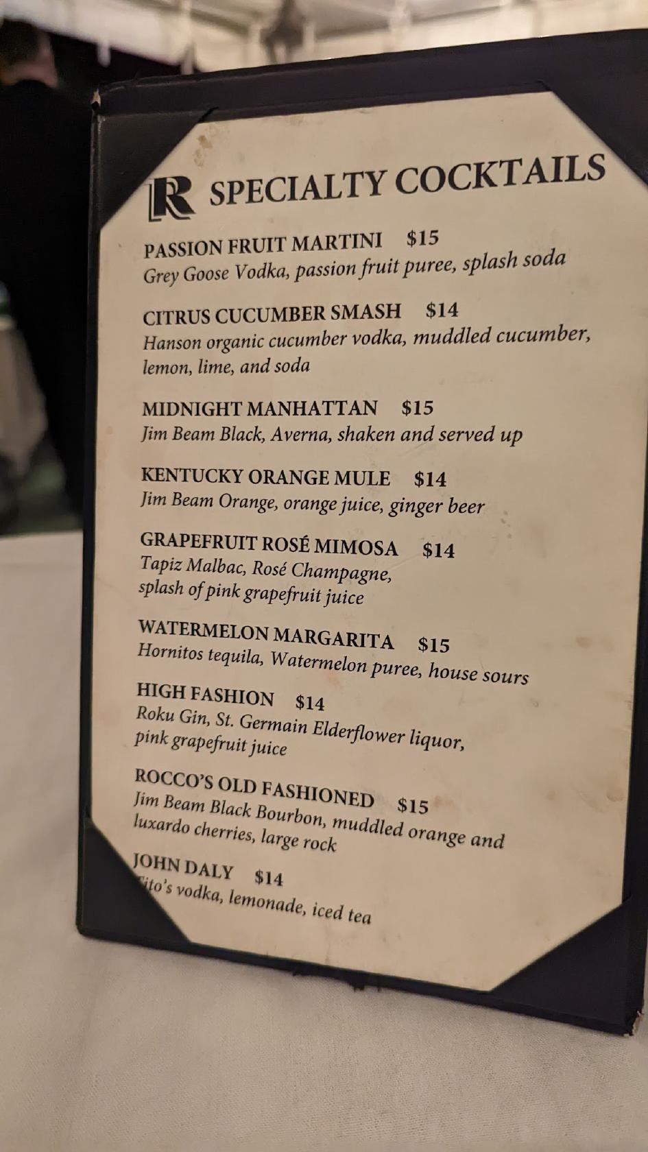 Menu at Rocco's at The Brick steakhouse, Newtown