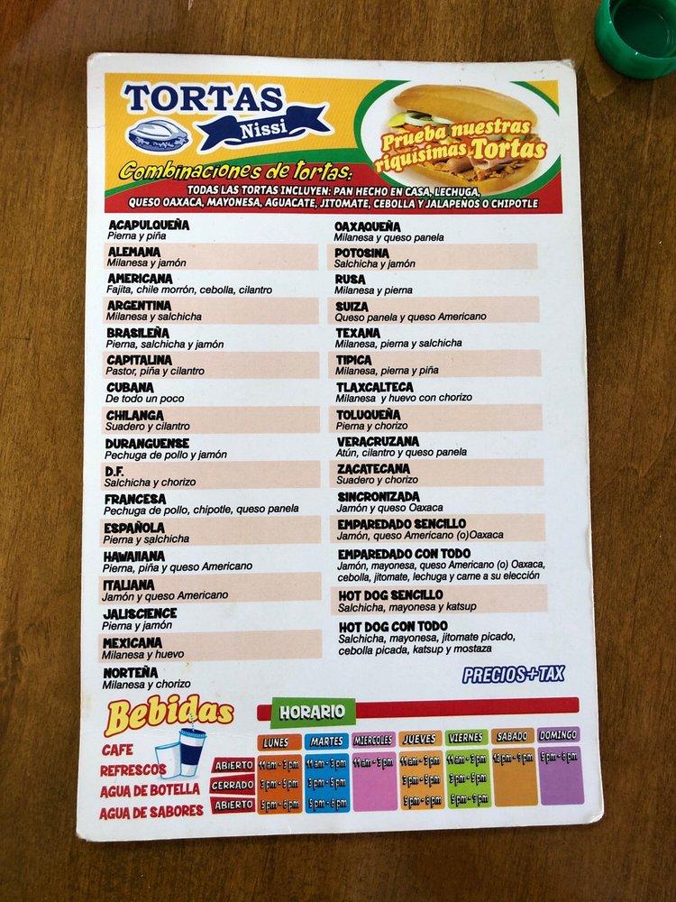 Menu at Tortas Nissi - Mexican Sandwiches restaurant, Bellmead
