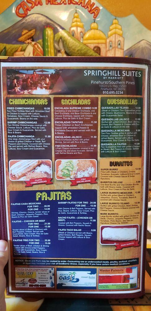 Menu at Casa Mexicana restaurant, Southern Pines