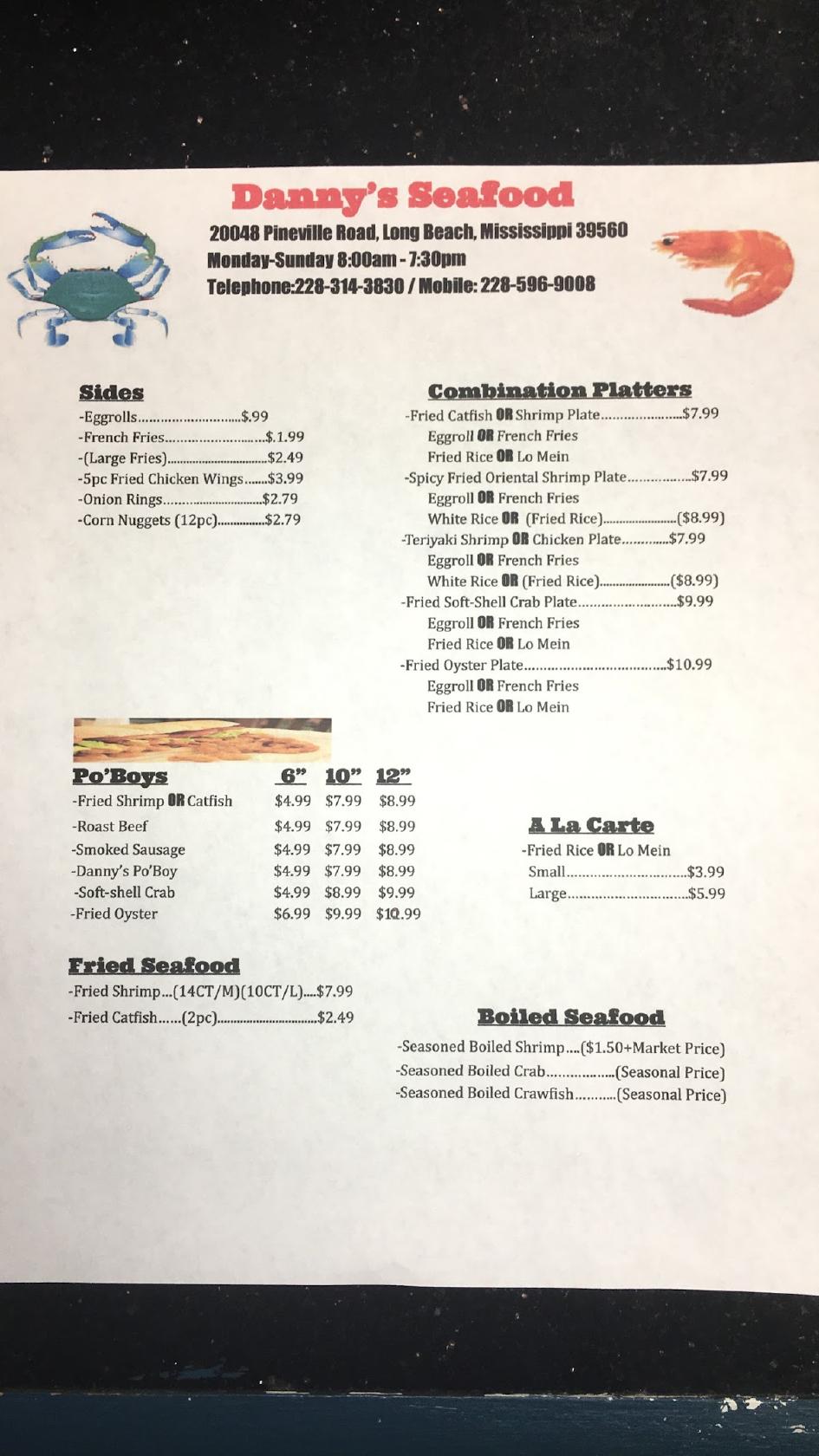 Menu at Danny's Seafood restaurant, Long Beach