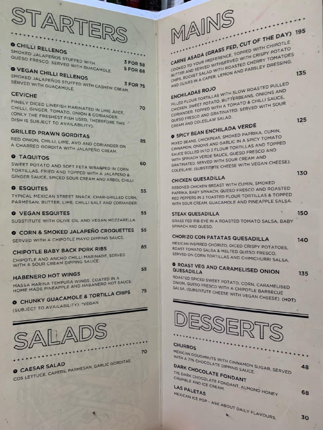 Menu at El Burro Greenpoint restaurant, Cape Town, 79 Main Rd