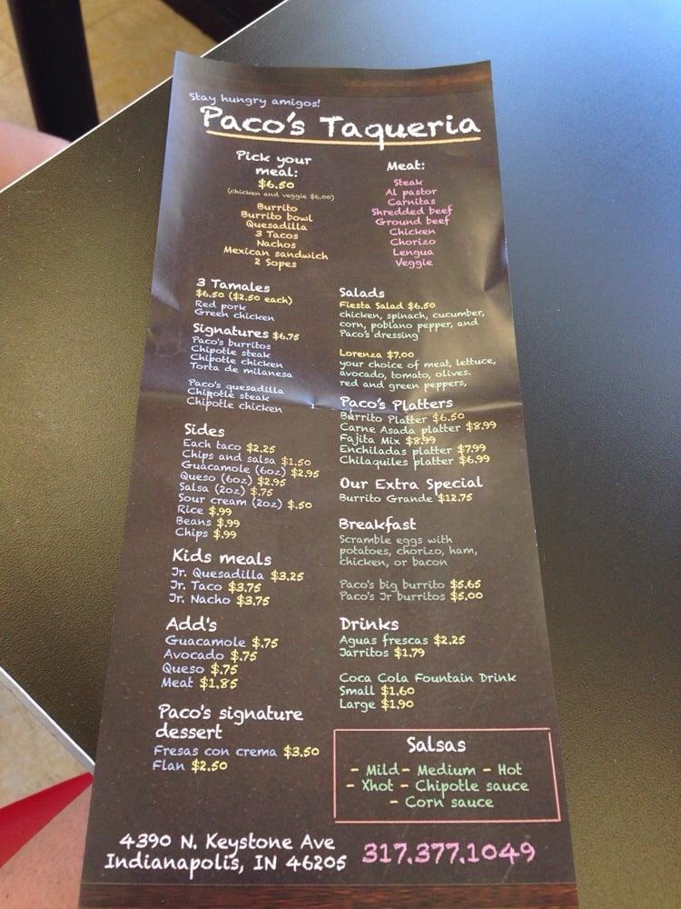 Menu at Paco's Taqueria desserts, Indianapolis, N Keystone Ave
