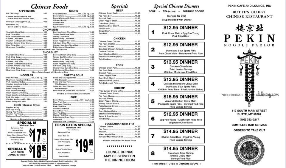 Menu at Pekin Noodle Parlor restaurant, Butte