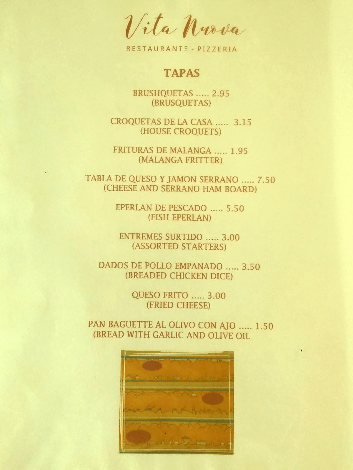 Menu at Vita Nuova restaurant, Havana