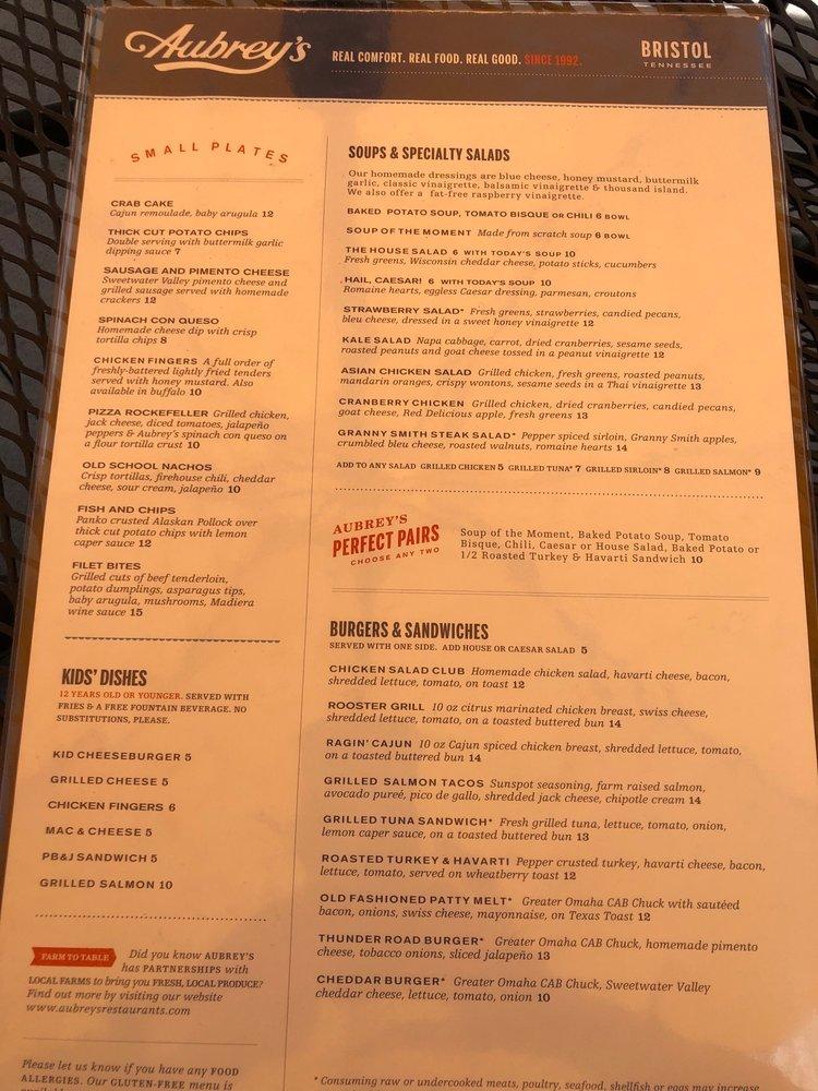 Menu at Aubrey's restaurant, Bristol