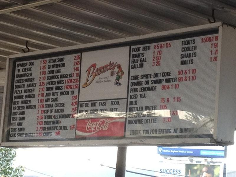 Menu at Bummie's Drive-In restaurant, Bluffton