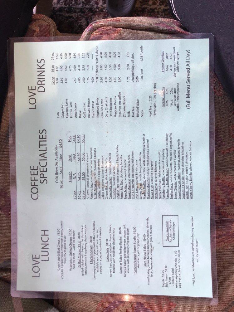 Menu at Coffee Love cafe, Gun Barrel City