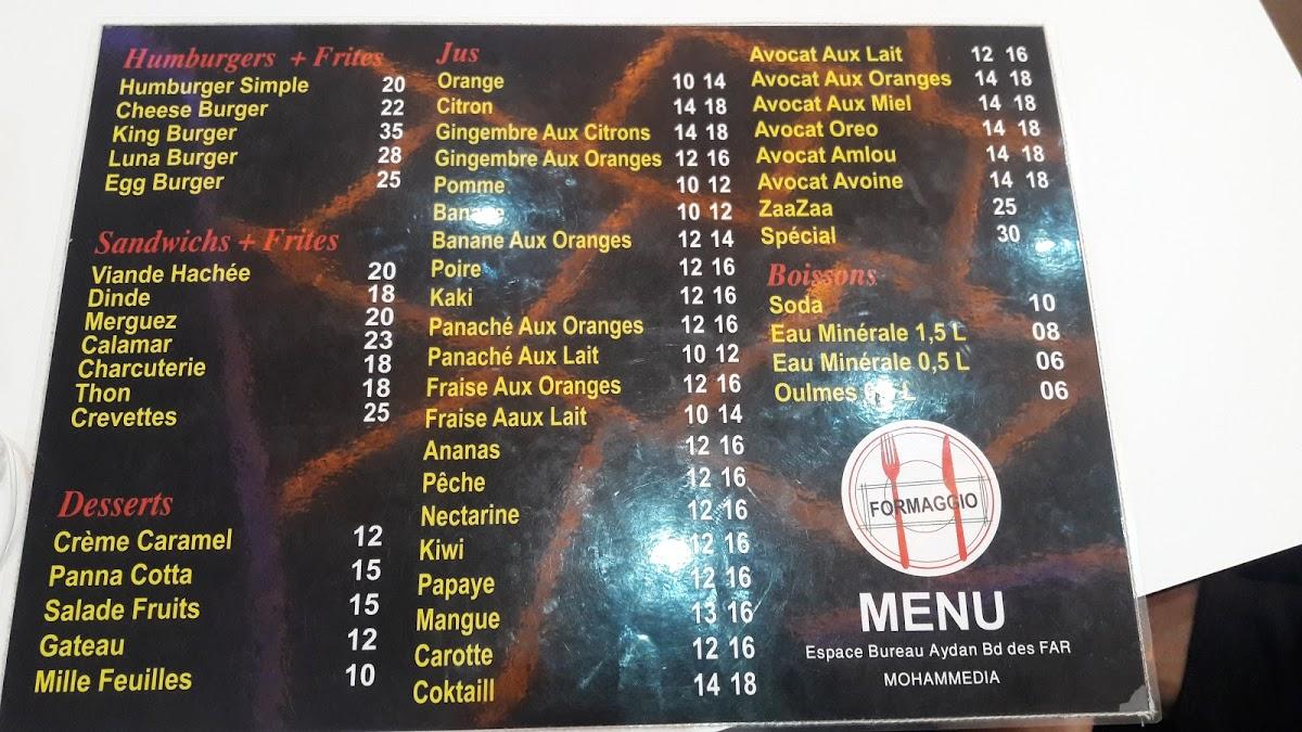 Menu au Formaggio restaurant, Mohammedia