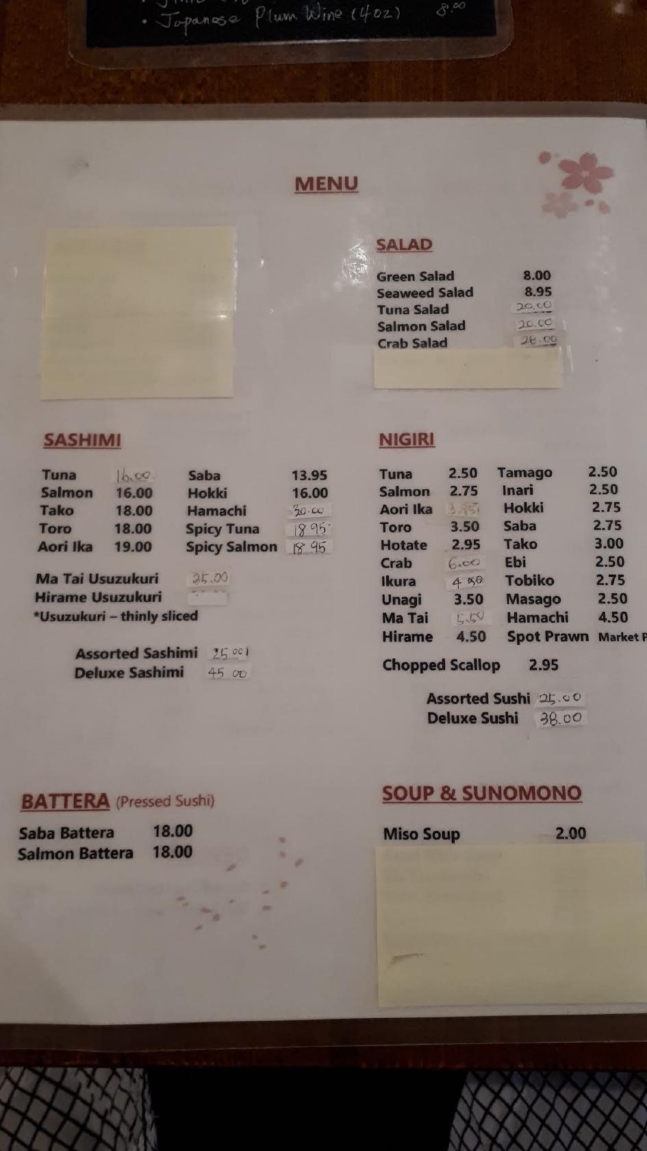 Menu at Hanako Japanese Restaurant, Surrey
