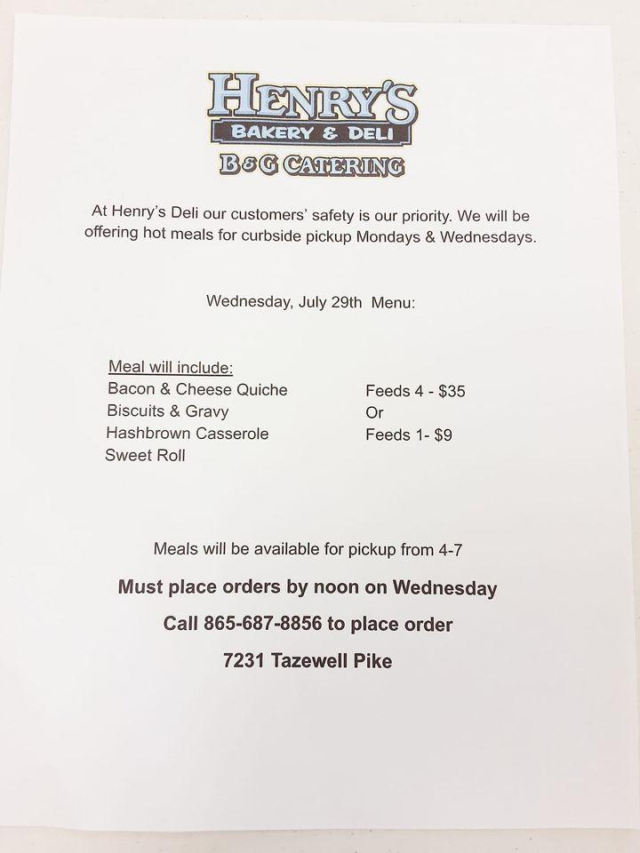 Menu at Henry's Deli restaurant, Corryton